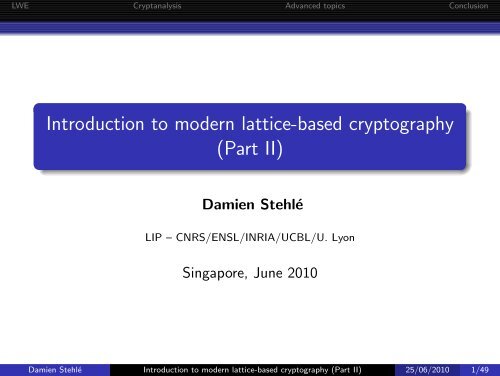 Introduction to modern lattice-based cryptography (Part II) - Spms