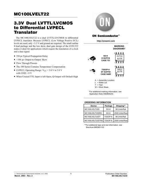 MC100LVELT22 3.3V Dual LVTTL/LVCMOS to Differential LVPECL ...