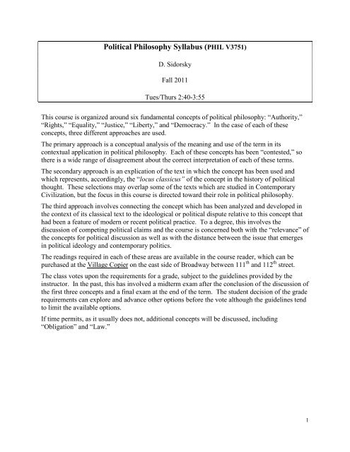 Political Philosophy Syllabus (PHIL V3751) - Columbia University