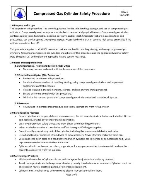Compressed Gas Cylinder Safety Procedure - WHOI Environmental ...