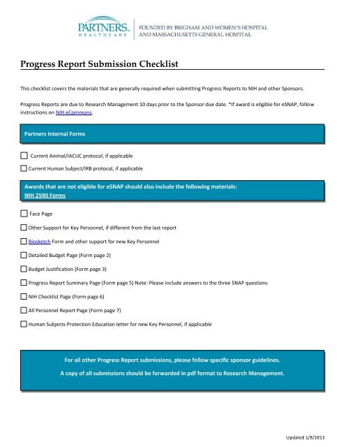 Progress Report Submission Checklist - Partners Research ...