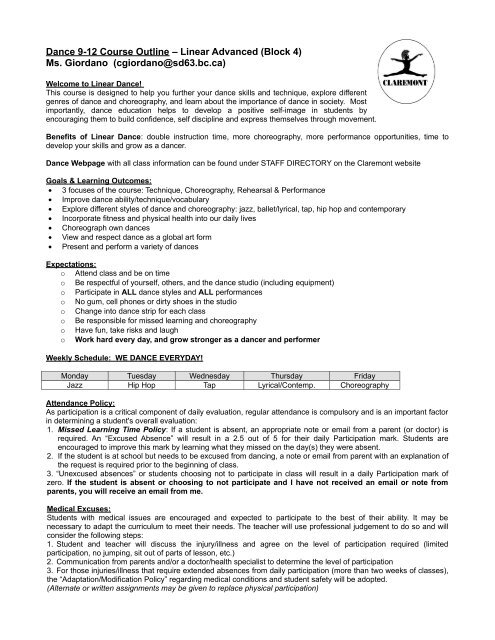 Dance 9-12 Course Outline â Linear Advanced (Block 4) Ms ...
