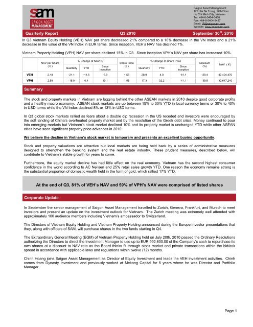 VEH â VPH Quarterly Report Q3 2010.pdf - Saigon Asset Management