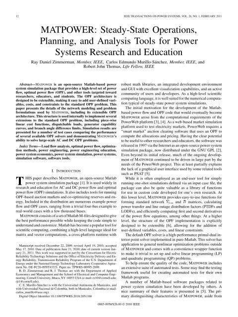MATPOWER Steady-State Operations, Planning and Analysis Tools ...