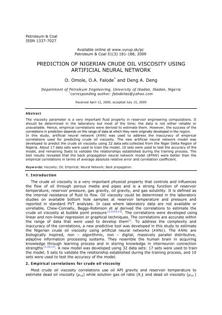 Prediction Of Nigerian Crude Oil Viscosity Using Artificial Neural Network