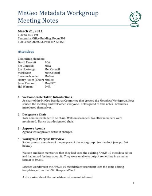 MnGeo Metadata Workgroup Meeting Notes