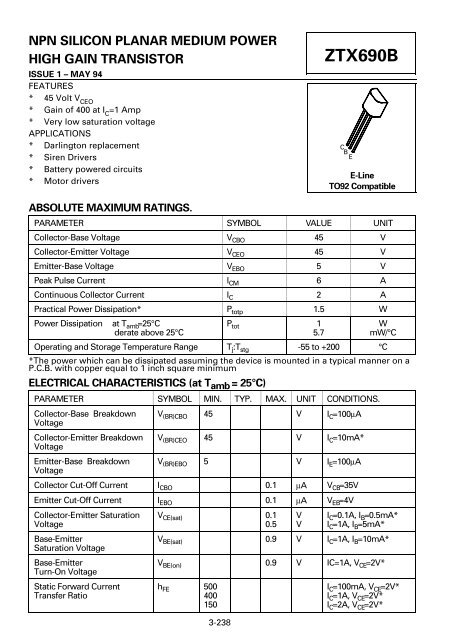 ZTX690B Silicon planar medium power high gain transistor datasheet