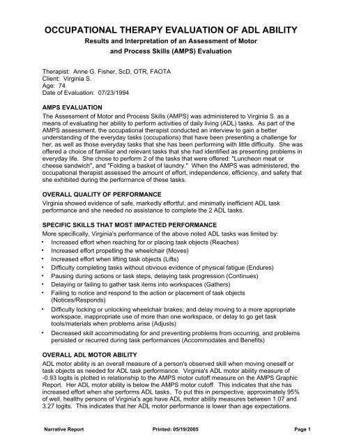 OCCUPATIONAL THERAPY EVALUATION OF ADL ABILITY