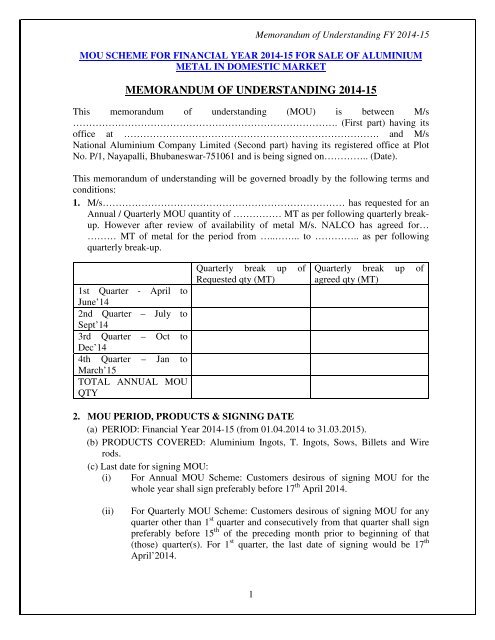 mou scheme for financial year 2013-14 for sale of aluminium metal ...