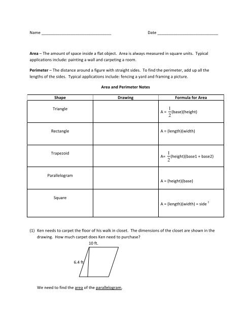 Area and Perimeter Student Notes