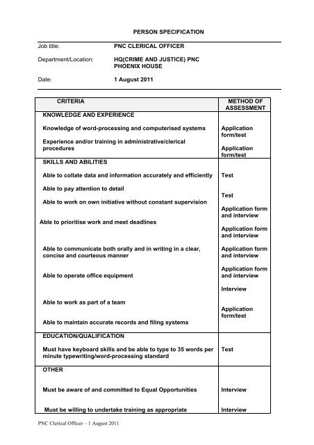 PERSON SPECIFICATION