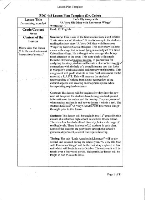 EDC 448 Lesson Plan Template (Dr. Coiro) - EDC448URI