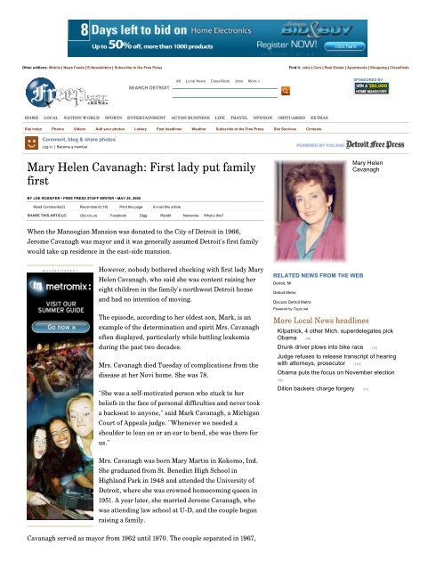 Mary Helen Cavanagh: First lady put family first - Detroit Memories