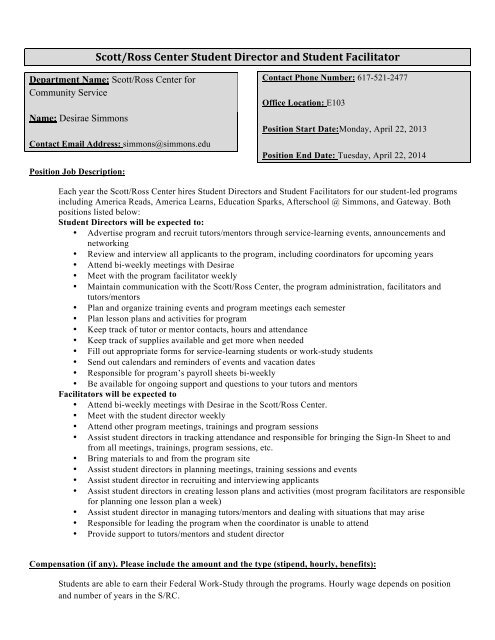 Student Director/Facilitator Job Description