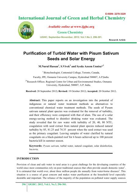 Purification of Turbid Water with Pisum Sativum Seeds and ... - IJGHC