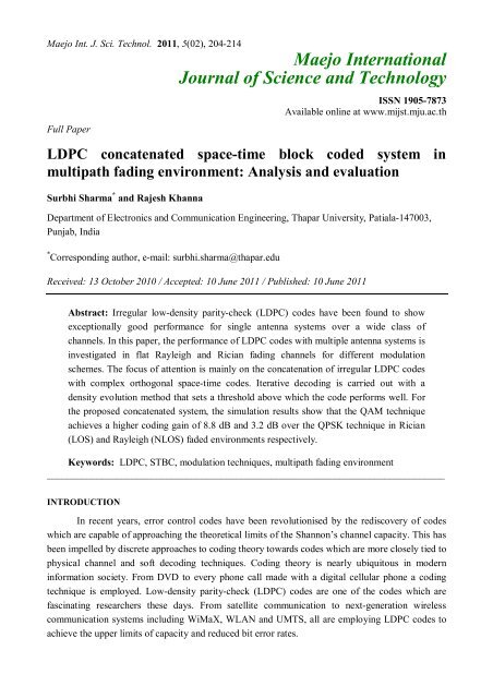 Ldpc Concatenated Space Time Block Coded System In Multipath