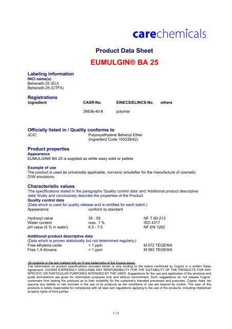 Product Data Sheet EUMULGINÂ® BA 25