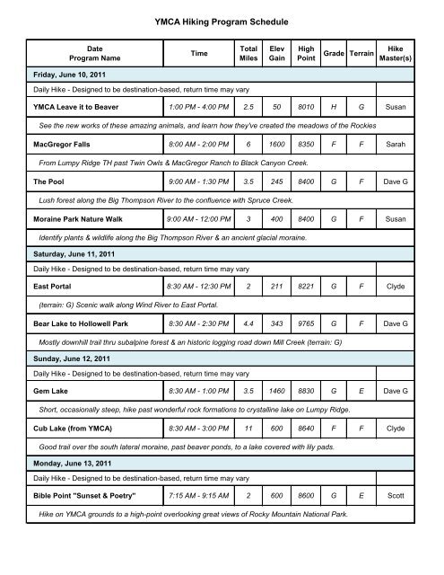 YMCA Hiking Program Schedule - YMCA of the Rockies