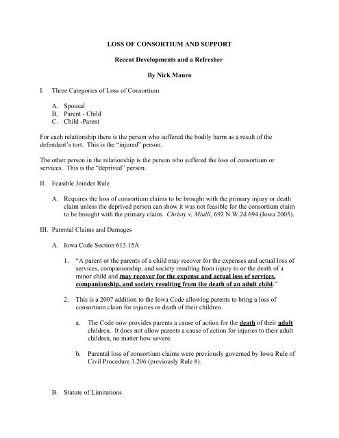 LOSS OF CONSORTIUM AND SUPPORT Recent Developments ...