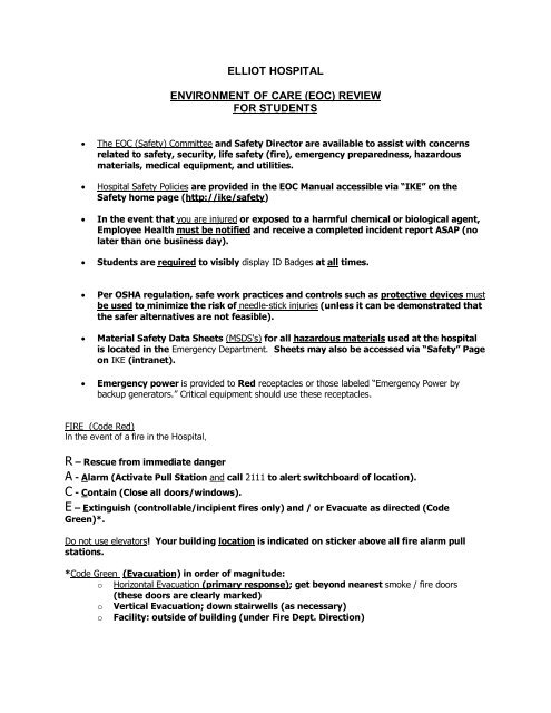 elliot hospital environment of care (eoc) review for students
