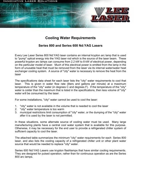 Cooling Water Requirements - Series 800 and ... - Lee Laser, Inc.