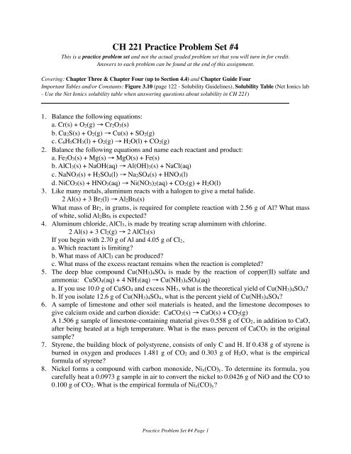 Practice Problem Set #4 Practice Problem Set #4