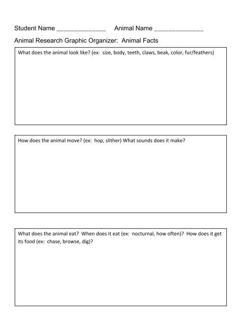 Animal Research Graphic Organizer: Animal Facts