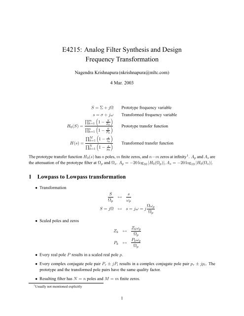 E4215: Analog Filter Synthesis and Design Frequency Transformation