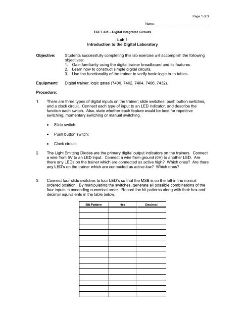 Lab 1 Introduction to the Digital Laboratory Objective ... - PAWS