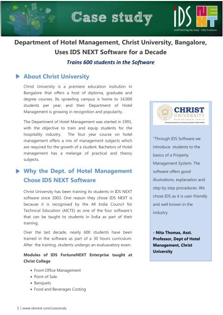 Department of Hotel Management, Christ University ... - IDS NEXT