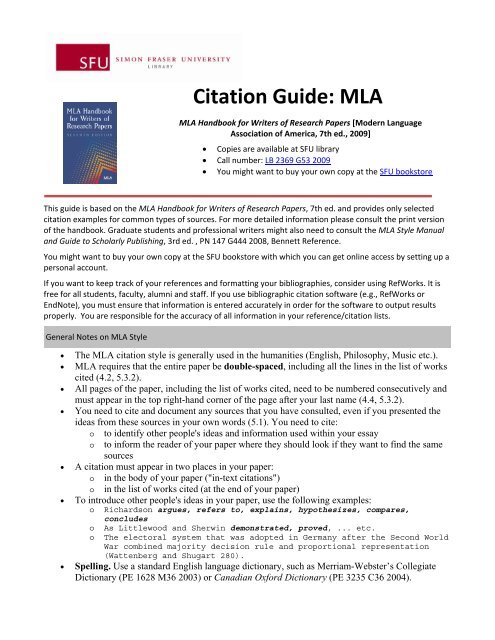 Citation Guide: MLA - SFU Library - Simon Fraser University