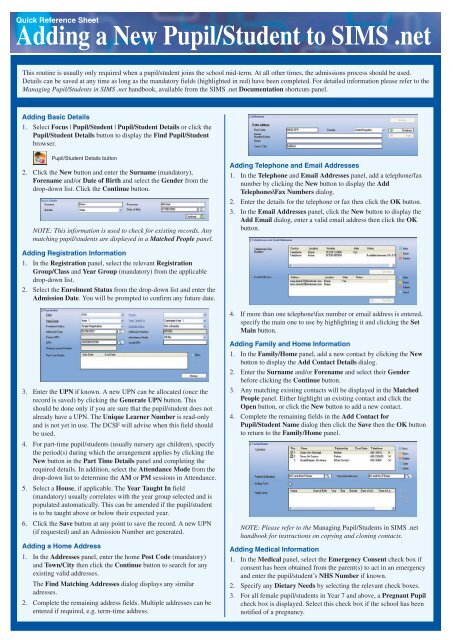 Adding a New Pupil/Student to SIMS .net - Education ICT Service
