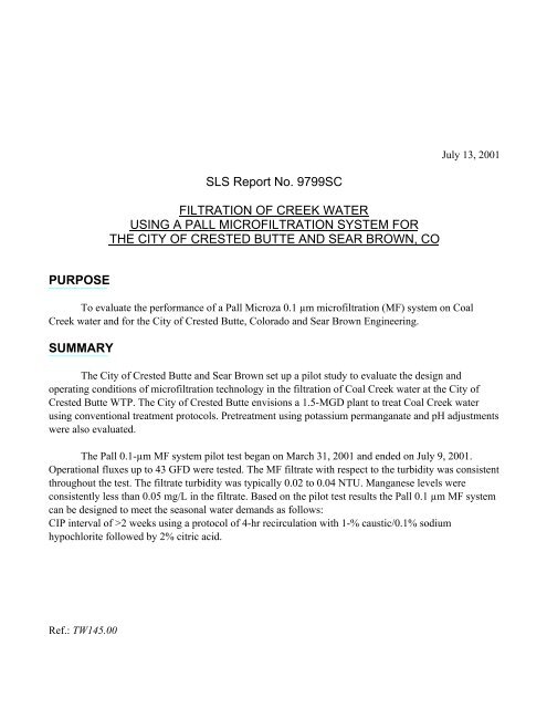 Filtration Of Creek Water Using A Pall Microfiltration System For The ...