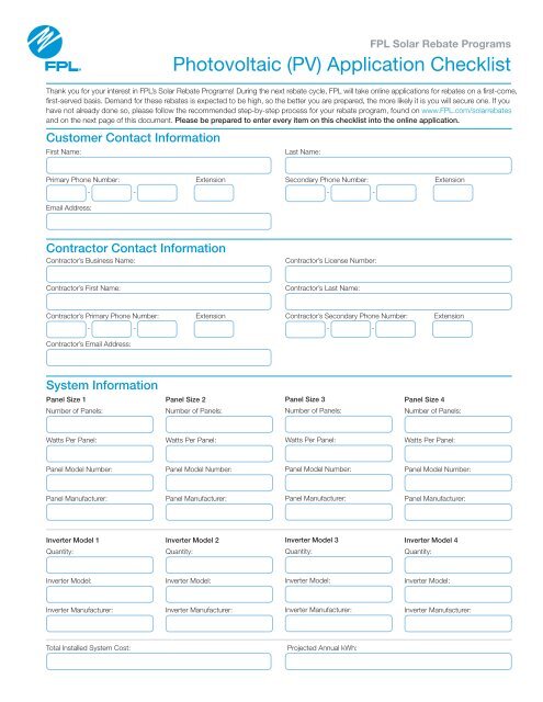 Photovoltaic (PV) Application Checklist - FPL.com