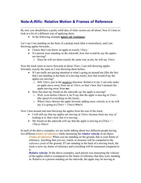 Note-A-Rific: Relative Motion & Frames of Reference Note-A-Rific: Relative Motion & Frames of Reference