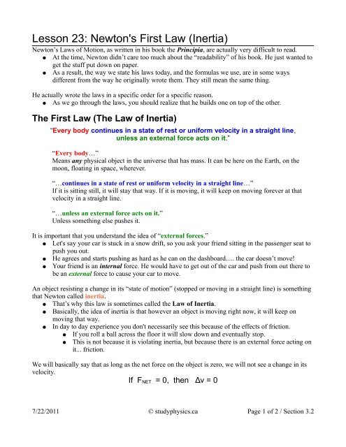 Lesson 23: Newton's First Law (Inertia)