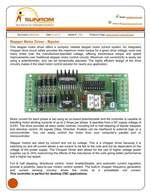 Stepper Motor Driver - Bipolar - Sunrom Technologies