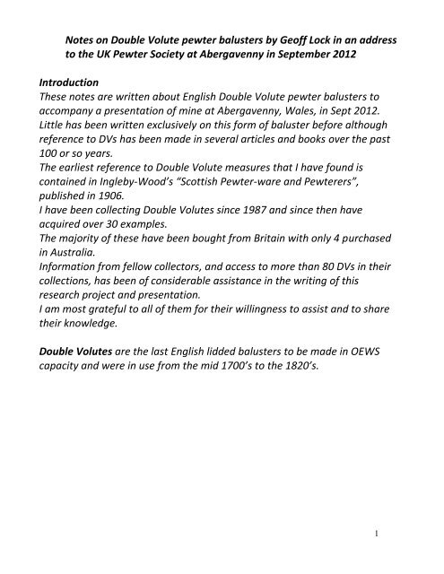 Notes on Double Volute pewter balusters - PewterBank