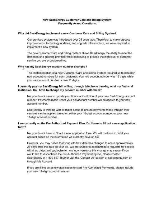 New SaskEnergy Customer Care and Billing System Frequently Asked