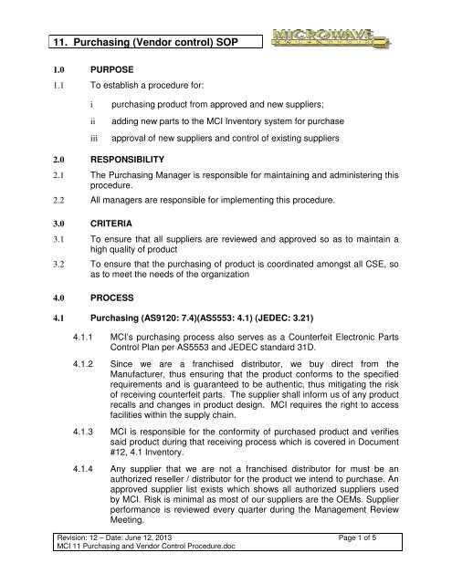 11. Purchasing (Vendor control) SOP - Microwave Component Inc