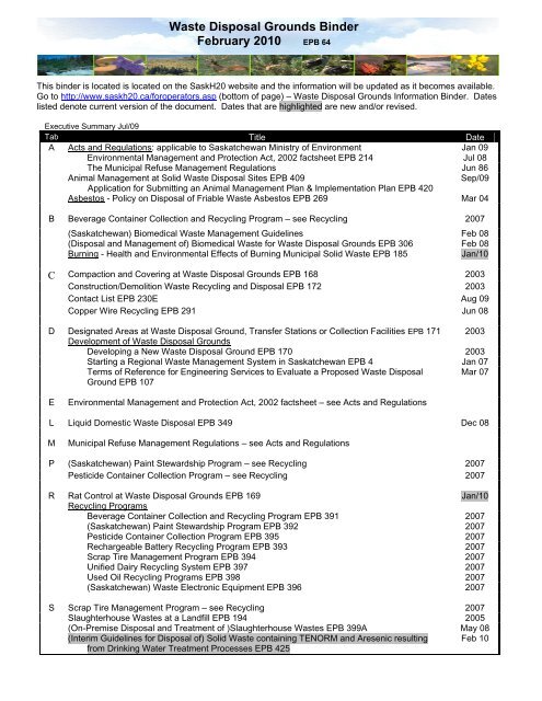 Waste Disposal Grounds Binder Table of Contents - Sask H20