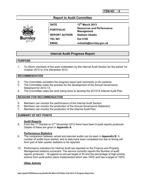 Item 8 - Internal Audit Progress Report Q3 - Burnley Borough Council