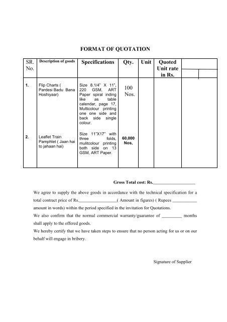 FORMAT OF QUOTATION SR. No. Description of goods ...