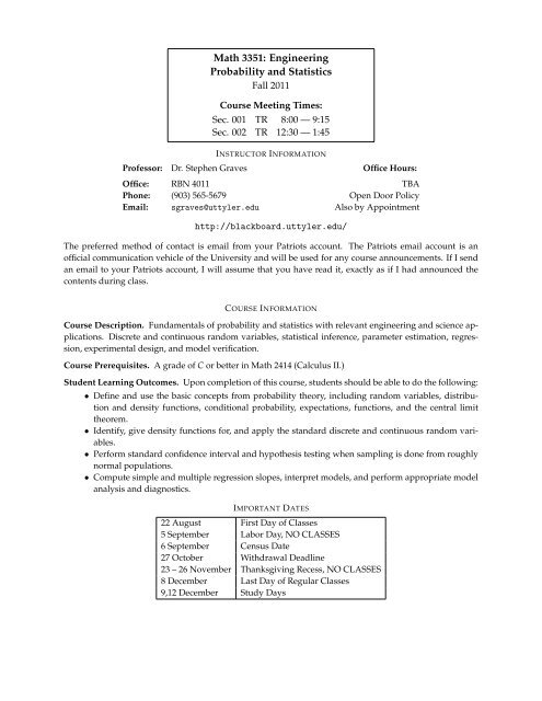 Math 3351: Engineering Probability and Statistics - The University of ...