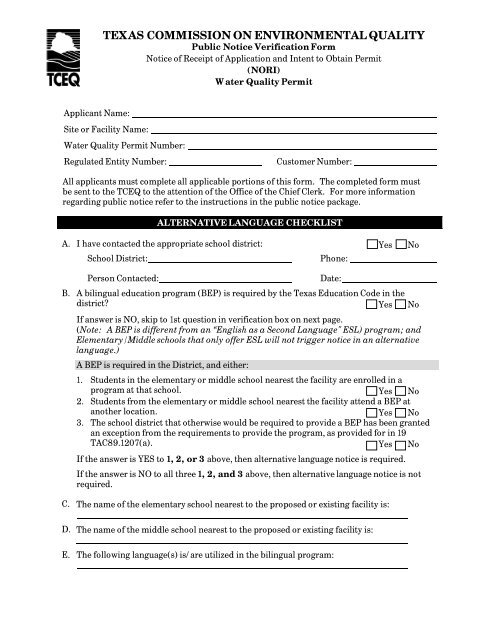 Public Notice Verification Form for Water Quality Permitting - Texas ...