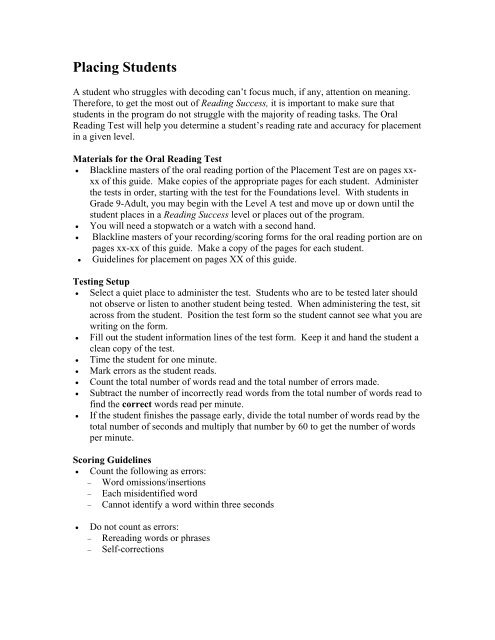 Materials for the Oral Reading Test