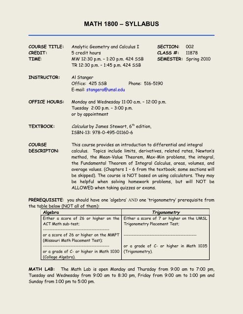 Math 1800, Syllabus - UMSL : Mathematics and Computer Science