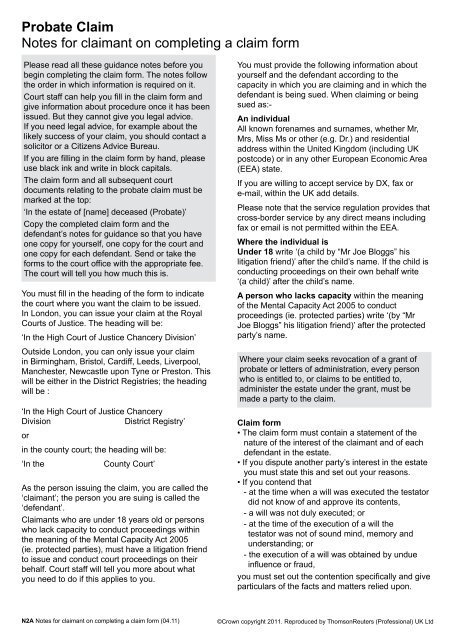 Probate Claim Notes for claimant on completing a claim form