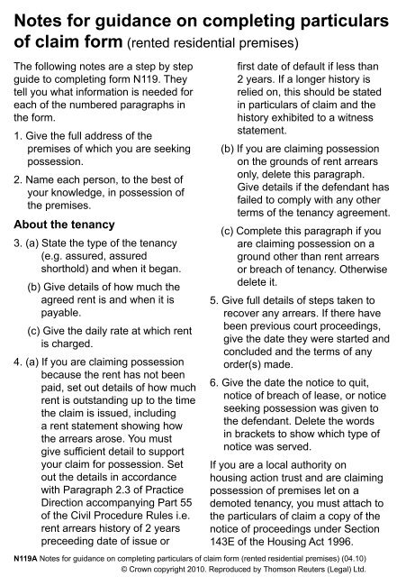 Notes for guidance on completing particulars of claim form