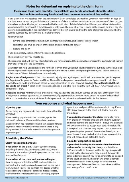Notes for defendant on replying to the claim form - Civil Procedure ...